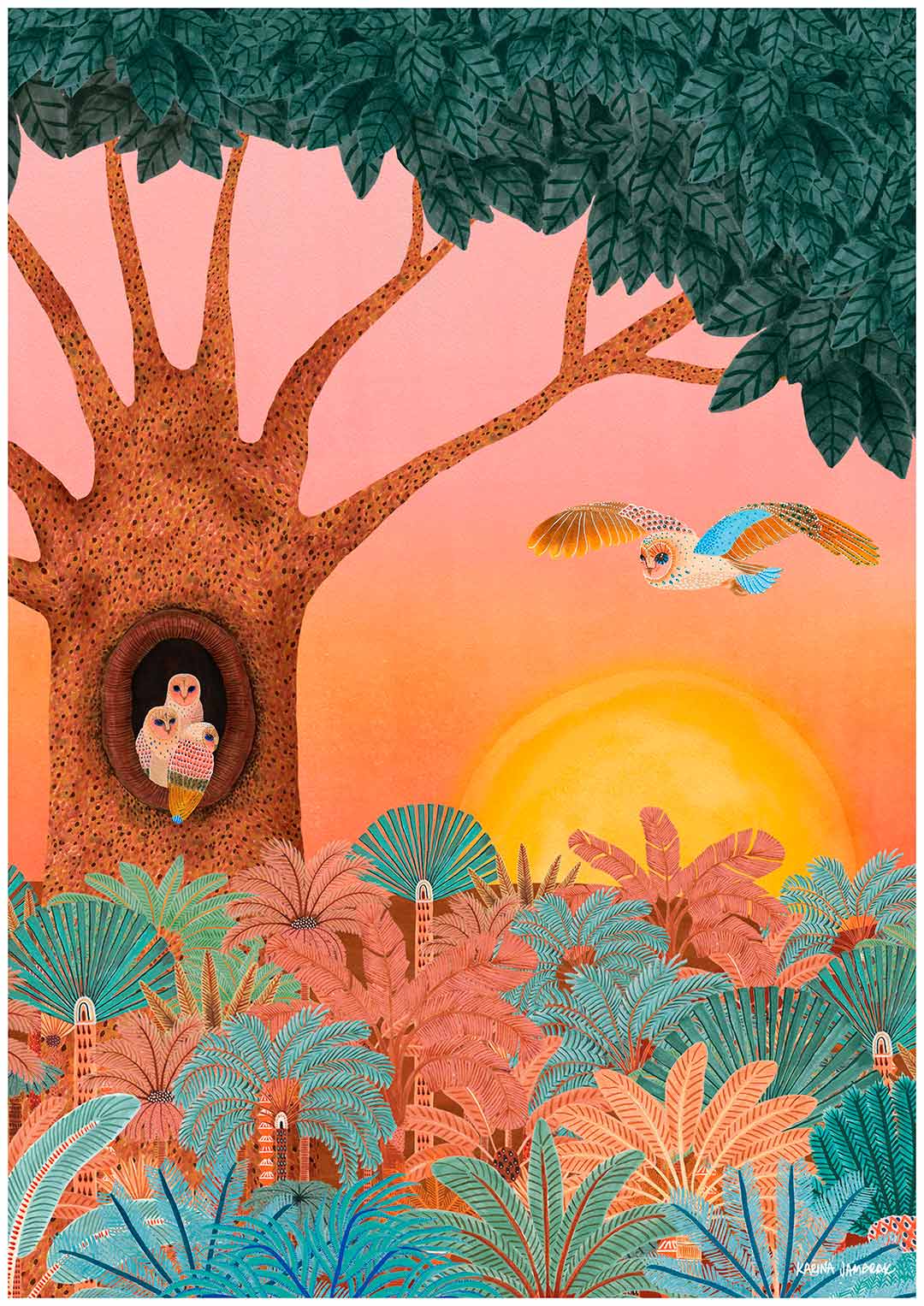 Moonlight Goodnight Sunset Owl Fine Art Print | Karina Jambrak